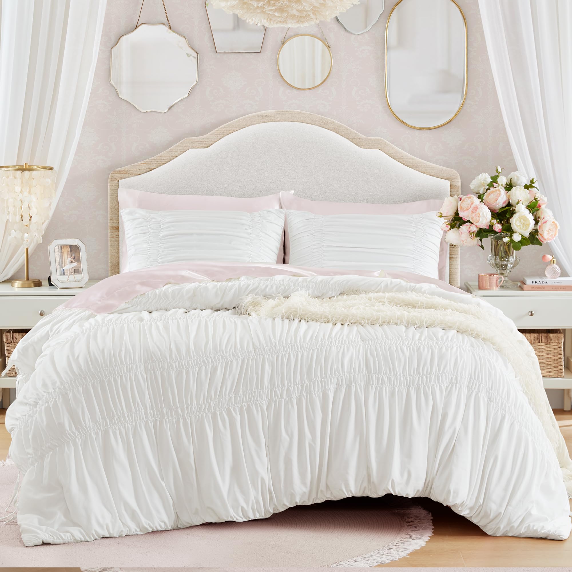 French Country Comforter Set - Ruched 3-Piece in White